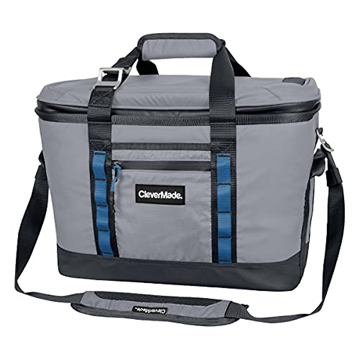 CleverMade Maverick Collapsible Cooler Bag - 50 Can Insulated Leakproof Soft Sided Beverage-Tote with Shoulder Strap, Bottle Opener and Storage Pockets, Grey/charcoal, Large, One Size