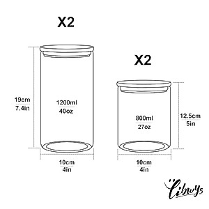 LIBWYS Pantry Glass Storage Jars with Bamboo Lids Set of 4, 135oz Airtight Food Containers Kitchen Storage Jars - Dishwasher Safe (4pack)