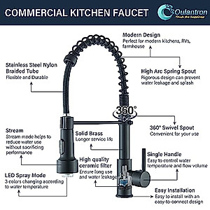 Kitchen Faucet with Spring LED Pull Down Sprayer Single Handle Matte Black Commercial Stainless Steel Kitchen Sink Faucet Oulantron high arc Kitchen Faucet