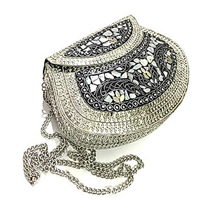 Ethnic Clutch Gift Metal Bag Metal Clutch Vintage Handmade Bags Metal Mosaic Stone Bag, Shell Purse, Sling Bag, Party Bag (Silver)