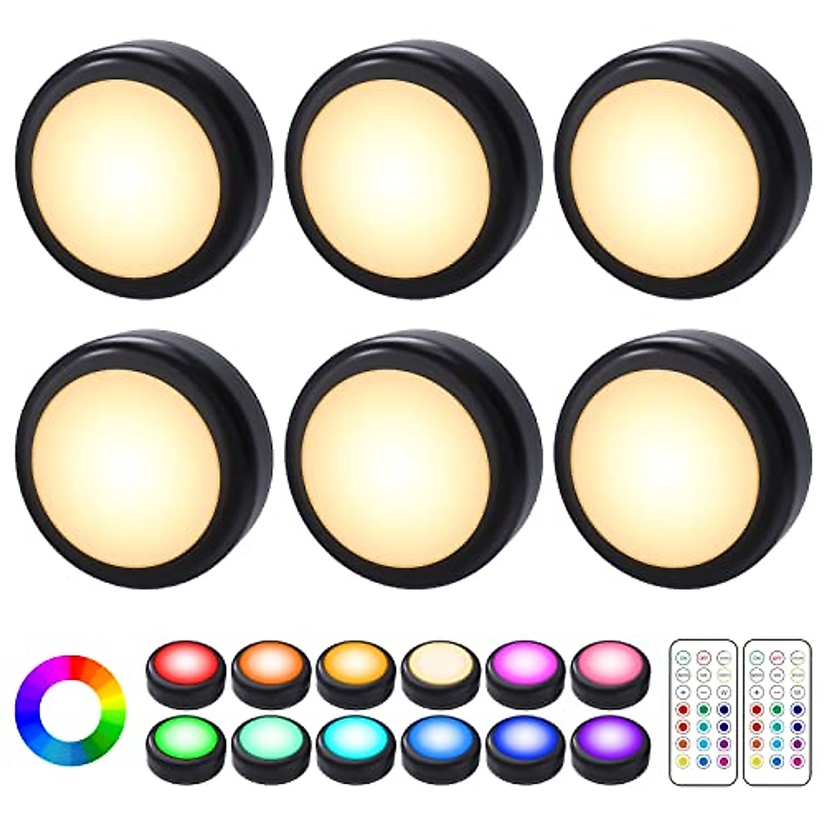 Cadrim Puck Lights, 6 Pack 13 Colors Changeable LED Puck lightings Battery Powered Dimmable Under Cabinet Lights, Battery Powered Under Counter Lights with 2 Wireless Remote Controls, Black