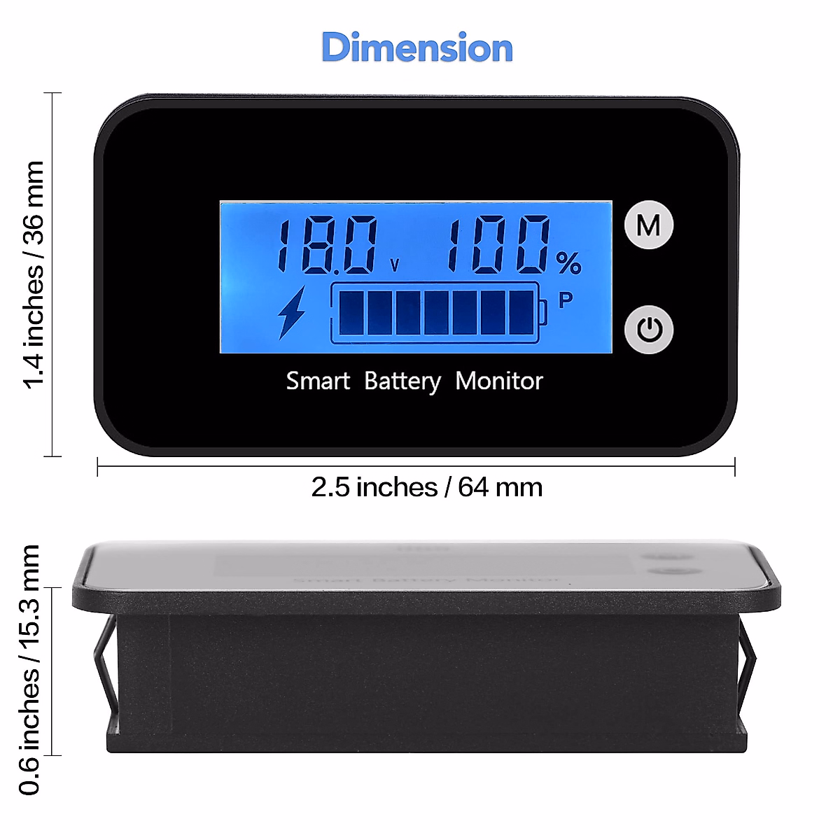 IPX7 Waterproof Battery Monitor with Bracket 7-100V,Car Motorcycle Golf cart Battery Meter Digital Battery Capacity Remaining Capacity Percentage Tester with Buzzer Alarm and Temperature
