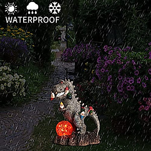 Solar Garden Statue Outdoor Decor Garden Dinosaur Eating Gnomes Figurine with LED Lights, Yard Art Ornaments for Fall Garden Sculptures & Statues for Outside Lawn Patio Yard Garden Birthday Gifts