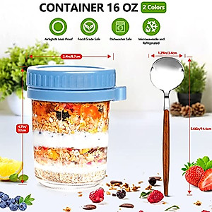 Overnight Oats Containers with Lids and Spoon, Wide Mouth Mason Jars 16 Oz Overnight Oats Jars with Measure Mark, 2 Pack Oatmeal Container Glass Mason Jars for Overnight Oats Salad Yogurt (White/Blue)