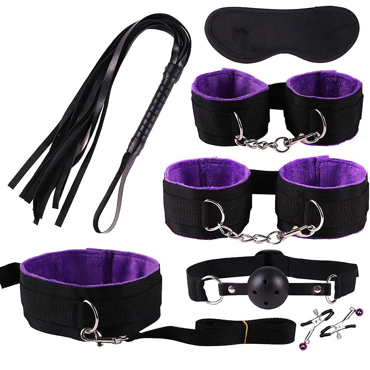 Toxz Plugs Anal Whip Handcuffs Mask Hollow Ball Nipple Clamps SM Sex Toys Set 7PCS,Plush Chain and Handcuffs,Adults Game Toy