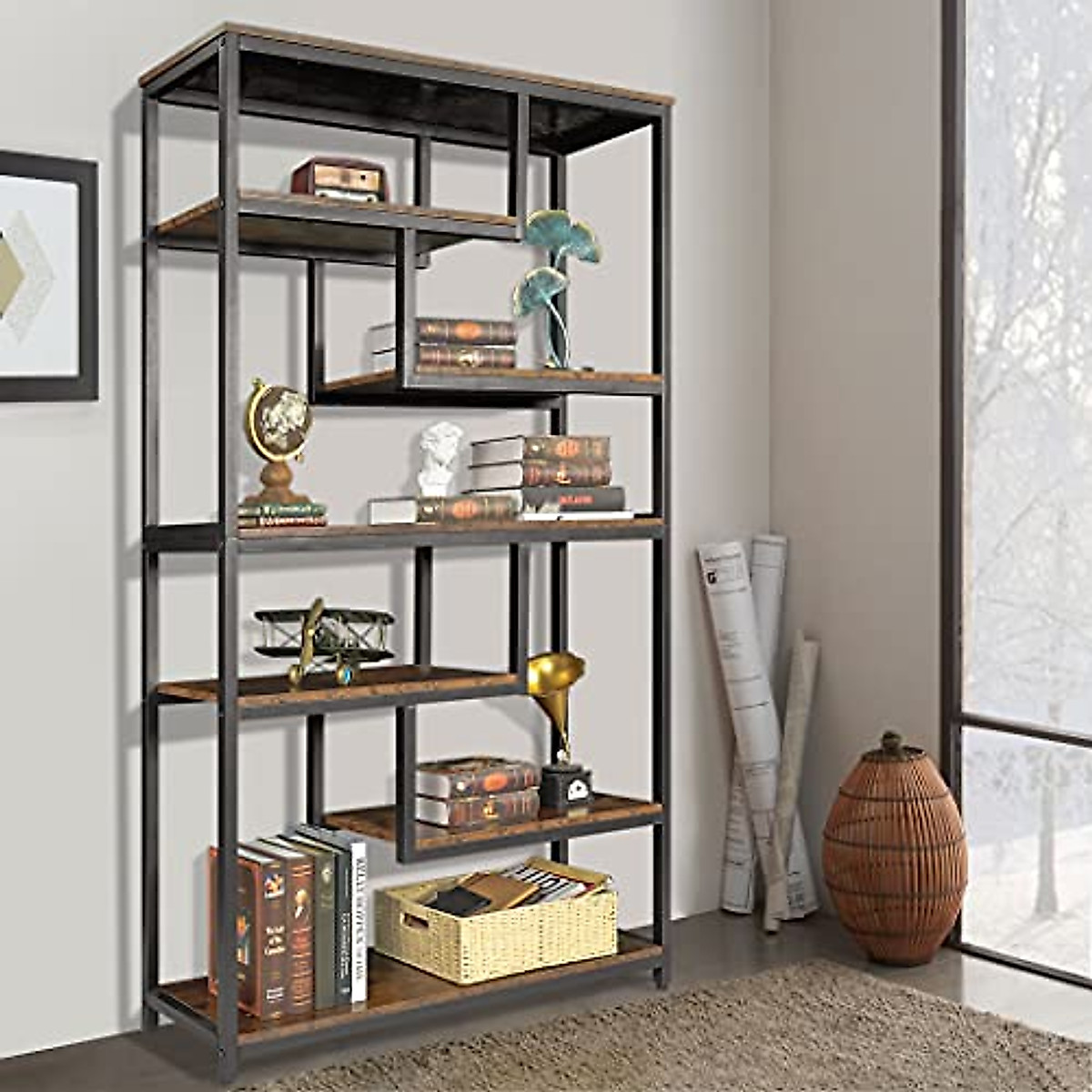Becko US Bookshelf Bookcase Industrial 7 Tier Bookshelf Vintage Etagere Bookcase with Rustic Finish Rustic Vintage Display Shelf Storage Open Rack for Home Office (Rustic Brown)