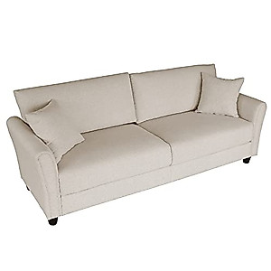 mikibama Linen Fabric Sofa 85 Inches Mid-Century Modern Couch 3 Seater Sofa with 2 Throw Pillows Upholstered Sofa with Rolled Armrest for Living Room, Apartment, Bedroom (Beige)