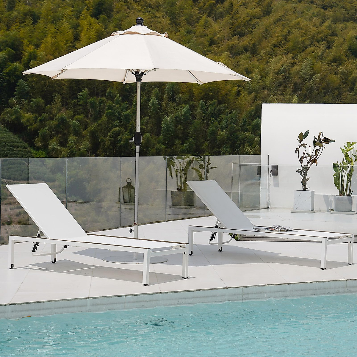 Grand patio Outdoor Chaise Lounge Set of 2 Mesh Sling Lounge Chairs with Woodgrain Texture, Portable Wheels & 4 Adjustable Reclining Backrest Positions for Poolside Beach White 2PCS