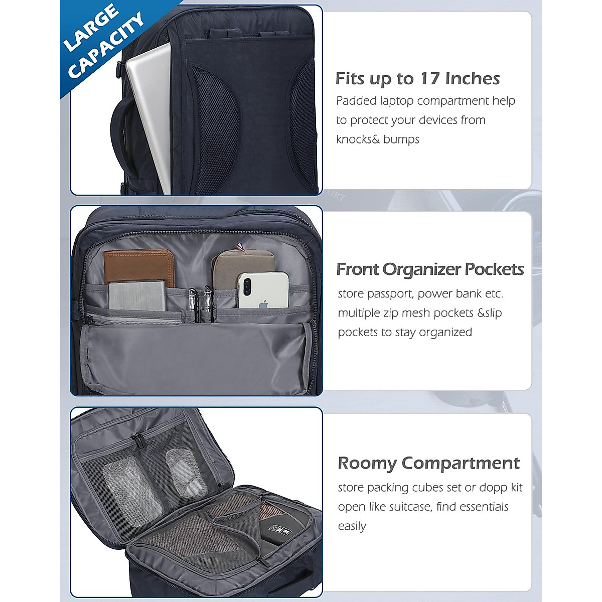 Hynes Eagle 44L Carry on Backpack Airline Approved Travel Backpack for Men Women Large Laptop Backpack 17 inch Nylon Backpack Overnight Weekender Bag Navy Blue