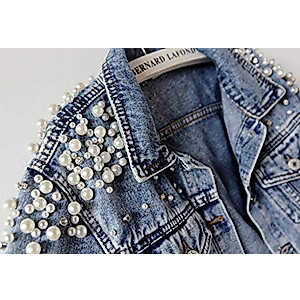 Kedera Women's Embroidered Rivet Pearl Short Denim Jacket Coat