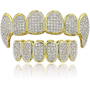 canjoyn 18K Gold Plated All Iced Out Luxury Cubic Zirconia Face Diamond Gold Teeth Grillz Set with Molding Bars Included for Men Women