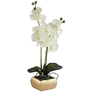 Dahlia Studios Potted Silk Faux Artificial Flowers Realistic White Phalaenopsis Orchid Greenery in Gold Ceramic Pot for Home Decoration Living Room Office Bedroom Bathroom Kitchen 22" High