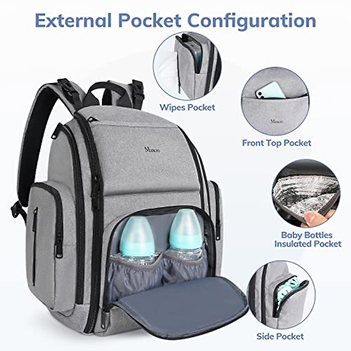 Mancro Diaper Bag Backpack, Large Multifunction Waterproof Travel Baby Changing Bag for Dad Mom with 4 Insulated Pockets and Stroller Straps, Maternity Baby Bag for Boys Girls, Grey