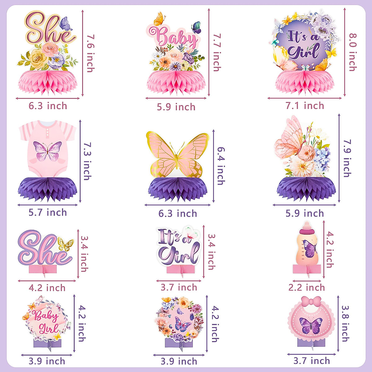 JAPBOR 12pcs Butterfly Baby Shower Party Honeycomb Table Centerpieces, It's a Girl Purple and Pink Decorations for Baby Girl Gender Reveal Party, Birthday Floral Butterflies Table Toppers