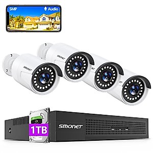 5MP PoE CCTV Cameras Security System with AUDIO 1TB Hard Drive, SMONET 8CH Home Surveillance NVR Kits, Clearer Than DVR, 4pcs Wired Indoor Outdoor IP Cameras AI Human Detection Night Vision,Free APP