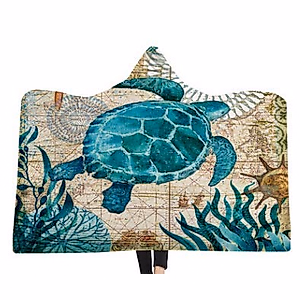 SDIII Turtle Sleeping Bag Wearable Bed Blanket Aqua Turquoise Ocean Beach Themed Hawaiian Nature Style Fleece Sherpa Hood Bed Throw (Twin(60"*80"), Turtle)