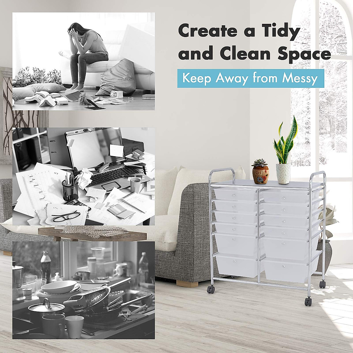 GOFLAME 12-Drawer Rolling Storage Cart, Multipurpose Organizer Cart with 2 Sizes Plastic Drawers, Mobile Utility Cart with Lockable Casters for School, Home Office, Beauty Salon, Clear