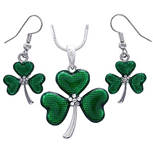 Soulbreezecollection St. Patricks Day Irish Good Luck Charm Shamrock 4 Leaf Clover Earrings Necklace Pendant Set