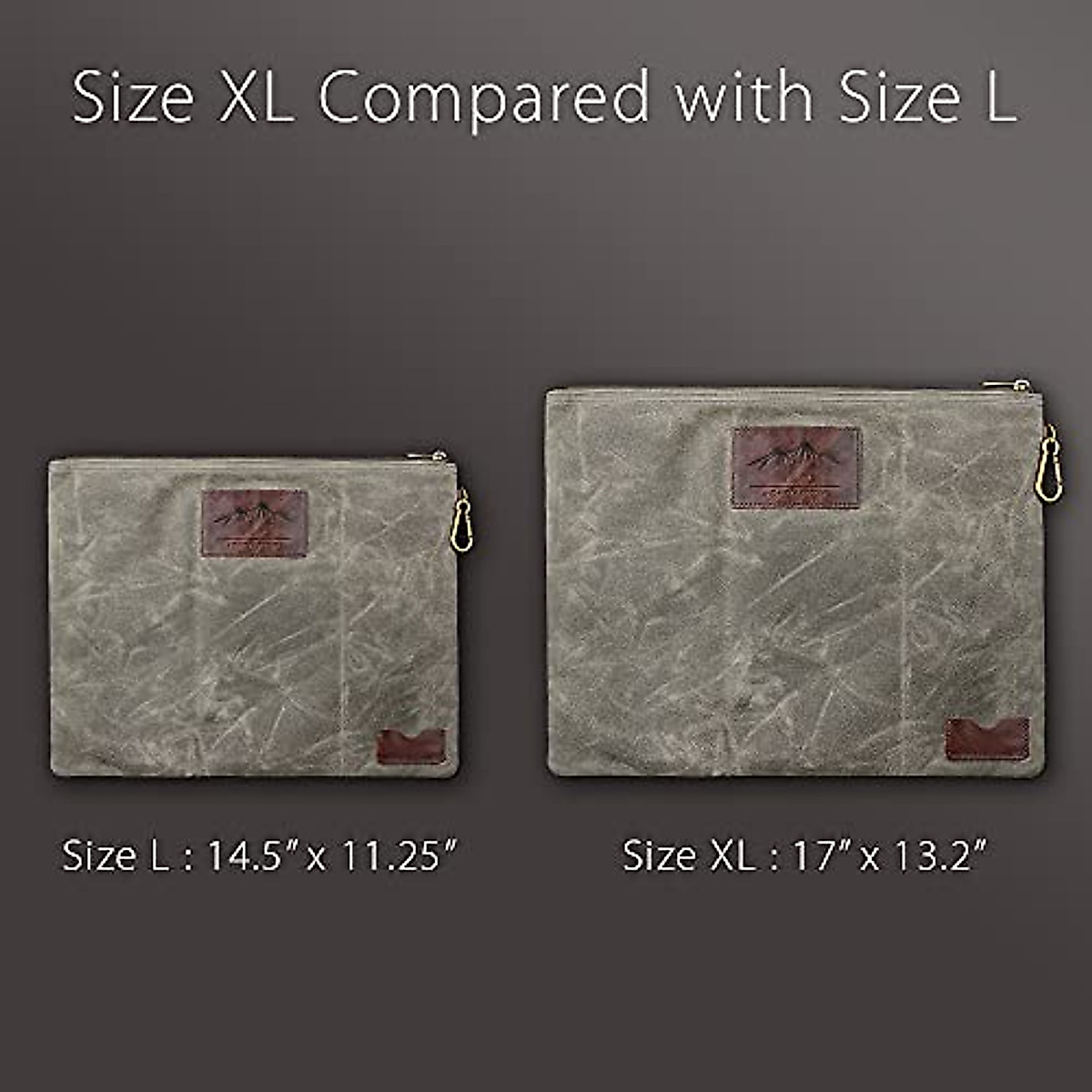 XL Water Resistant Zipper Document Holder, Fits Manila Folder, Rustic Extra Large Waxed Canvas Pouch Full Grain Leather, Inner Pockets, Carabiner, Hold Books, A4 Handouts, Travel Accessories. Olive.