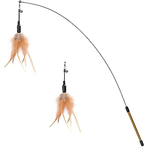 Pawaboo Feather Teaser Cat Toy, Interactive Feather Wand Cat Toy Flying Feather Cat Catcher with Extra Long 34.5" Wand and Small Bell, Fun Exerciser Playing Toy for Kitten or cat, Brown Feather