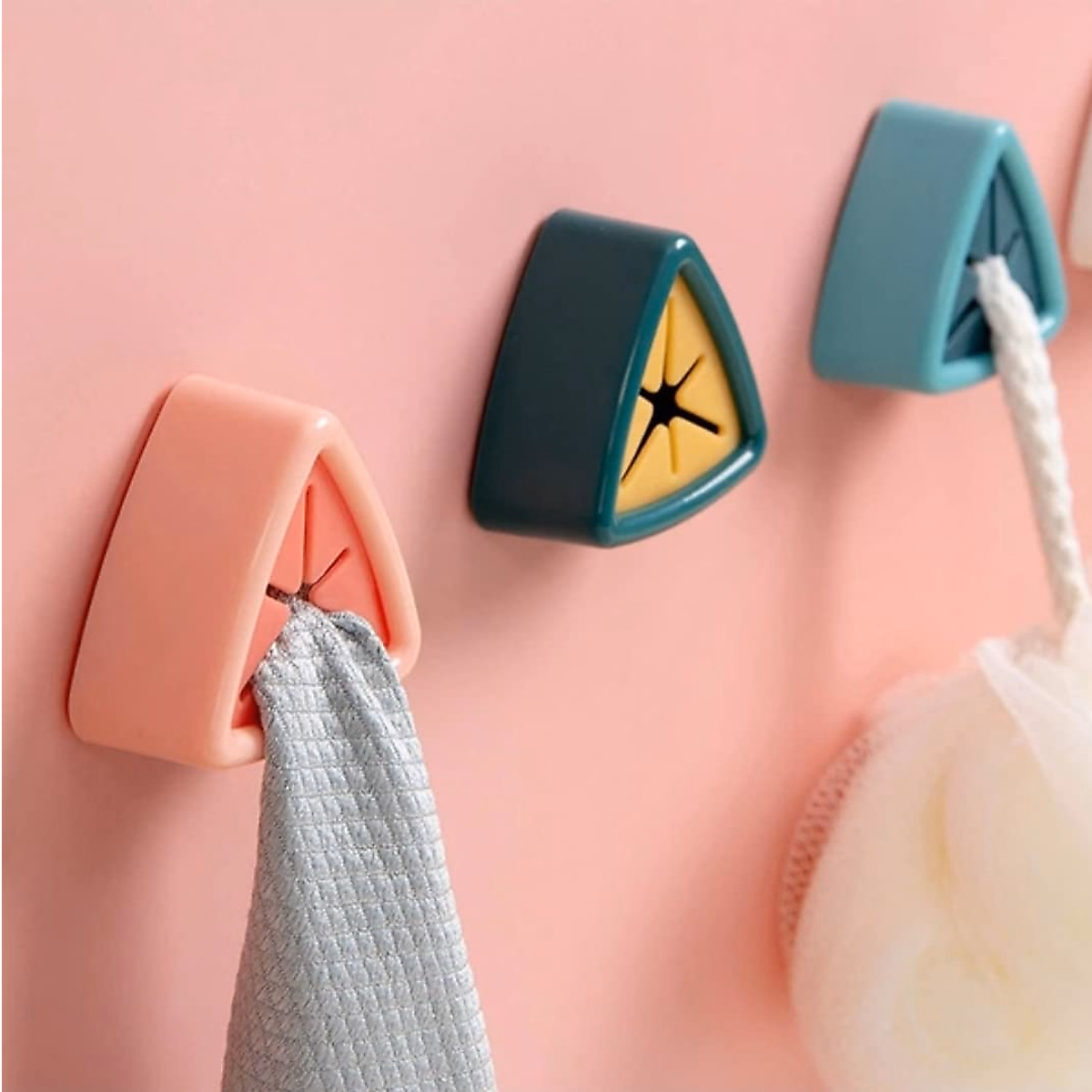 Cavehorizon 4 Pack Easy to Install Dish and Hand Towel Hooks - Incl. pre Cut self Adhesive Pads. Modern Colored Kitchen and Bathroom Push Hooks