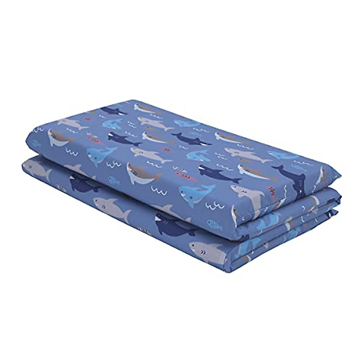 Everything Kids Shark, Fish, Ocean Blue & Grey Preschool Nap Pad Sheet, Blue, Grey, Navy,