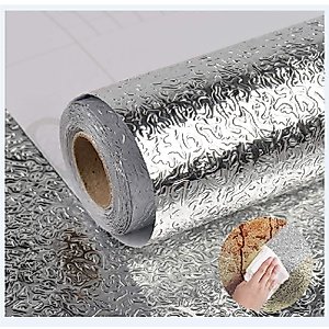Feisoon Silver Contact Paper Kitchen Backsplash Water/Oil Proof Wallpaper Metallic Peel and Stick Wallpaper 16"X118" Self Adhesive Aluminum Foil Contact Paper for Kitchen Countertop Cabinet Drawer