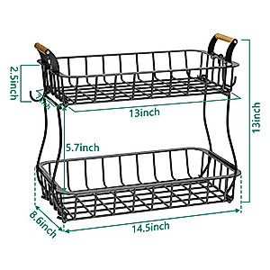 OKZEST 2 Tier Fruit Basket with 2 Banana Hangers, Vegetable Fruit Basket Bowl for Kitchen Countertop, Metal Fruit Storage Stand Holder Organizer for Bread Snack Potato Onion Produce