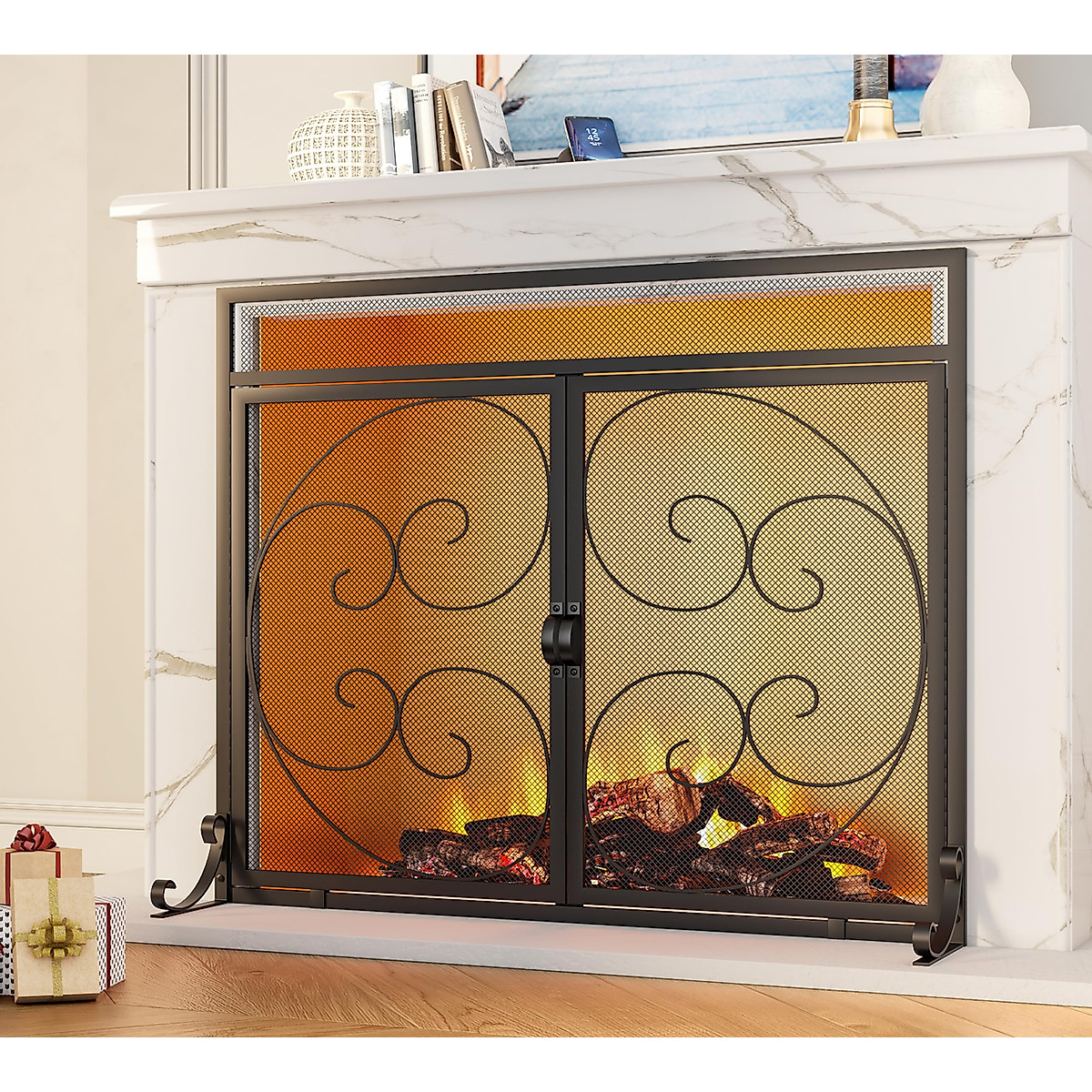 Fire Beauty Fireplace Screen with Magnetic Doors,Large Metal Fireplace Screen for Home,Spark Guard,Decorative Metal Furnace Fireguards,Baby Safe Spark Guard Protector,Black