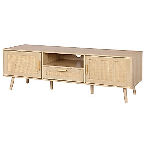 Finnhomy 59 Inch Boho TV Stand for up to 70 inch TV, TV Console with 2 Hand Made Rattan Decorated Doors, Living Room Entertainment Center TV Table with Storage, Natural