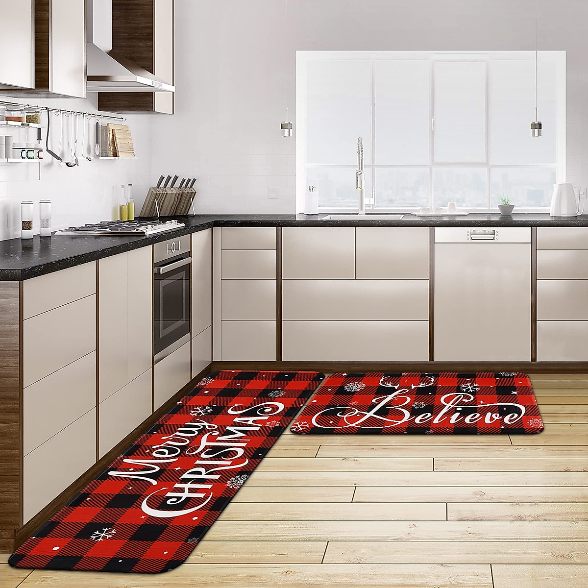 ASPMIZ 2 Pcs Christmas Buffalo Plaid Kitchen Rugs and Mats Set, Absorbent Winter Snowflake Kitchen Mat Cushioned Anti Fatigue, Xmas Decorative Area Rug Set of 2 Washable, 17'' x 47'' + 17'' x 30''