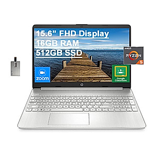 HP 2022 15.6" FHD Laptop Computer, AMD Ryzen 5-5500U Processor(Beats Intel i7-1065G7), 16GB RAM, 512GB PCIe SSD, AMD Radeon Graphics, HD Webcam, Bluetooth, Wi-fi, Win 10, Silver, 32GB USB Card
