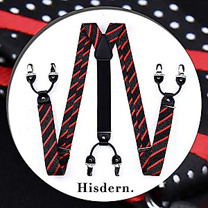 HISDERN Bow Tie and Suspenders for Men Red Striped Suspender and Bowtie Handkerchief Set Adjustable Y Shape 6 Clips Wedding Brace
