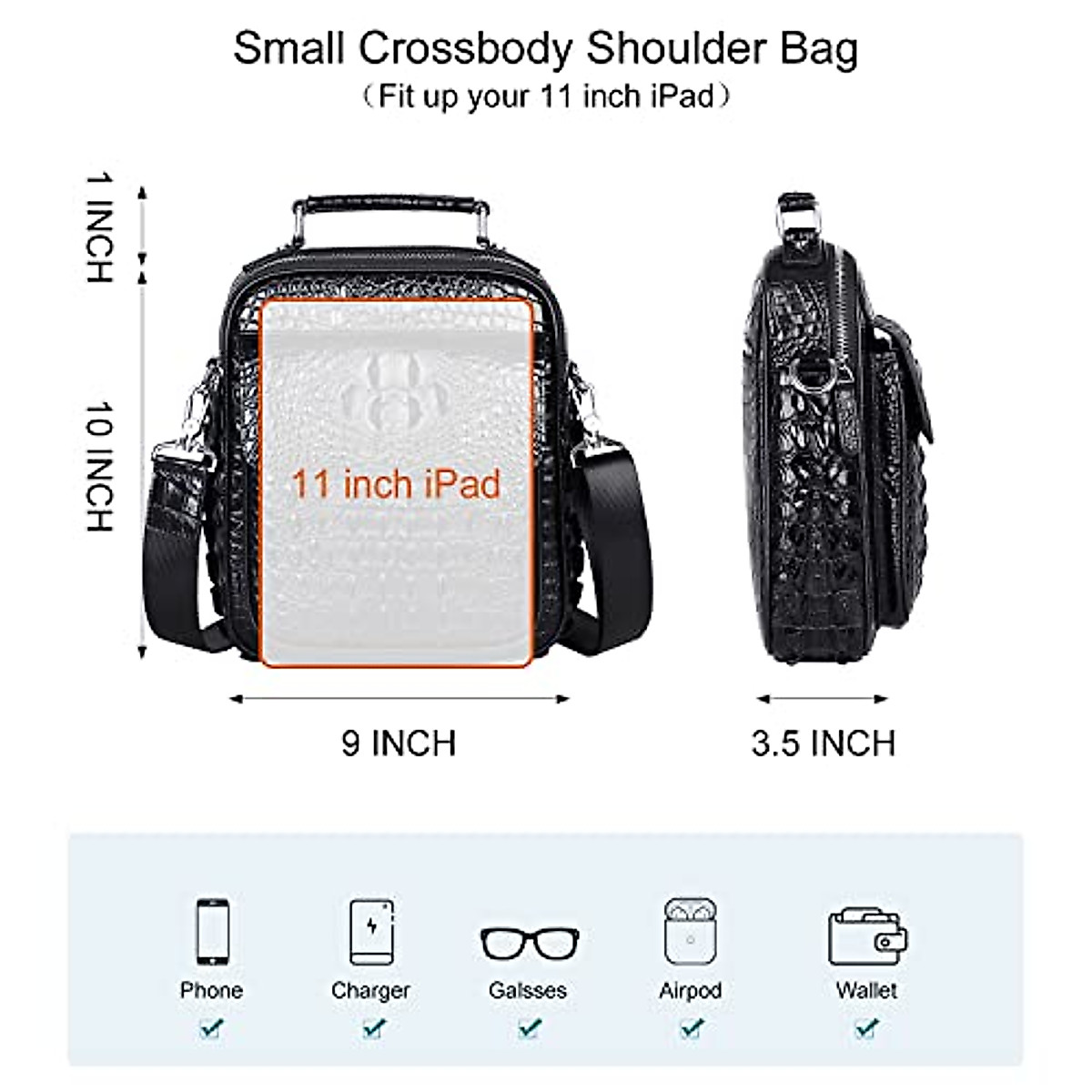 PIJUSHI Crocodile Leather Crossbody Bag for Men Genuine Leather Small Messenger Bag Shoulder Bag(PE002 Black)