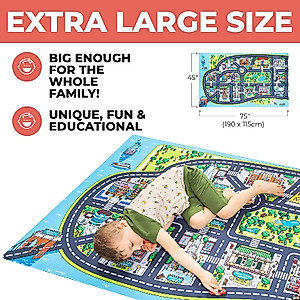 Olikai Design New York Kids City Rug Playmat for Toddlers. Fun, Educational, Map & Race Track Rug for a Boys or Girls Room. Large 75 x 45 in. Car Carpet Ideal for a Playroom, Bedroom or Classroom.