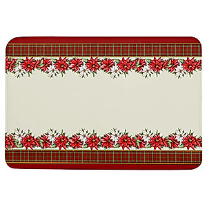 Front Door Mats Outdoor Indoor Kitchen Mat, Christmas Flower Red Green Buffalo Plaid Entrance Doormat Non-Slip Bathroom Rugs Washable Floor Mats for Sink/Porch, 18" x 30"