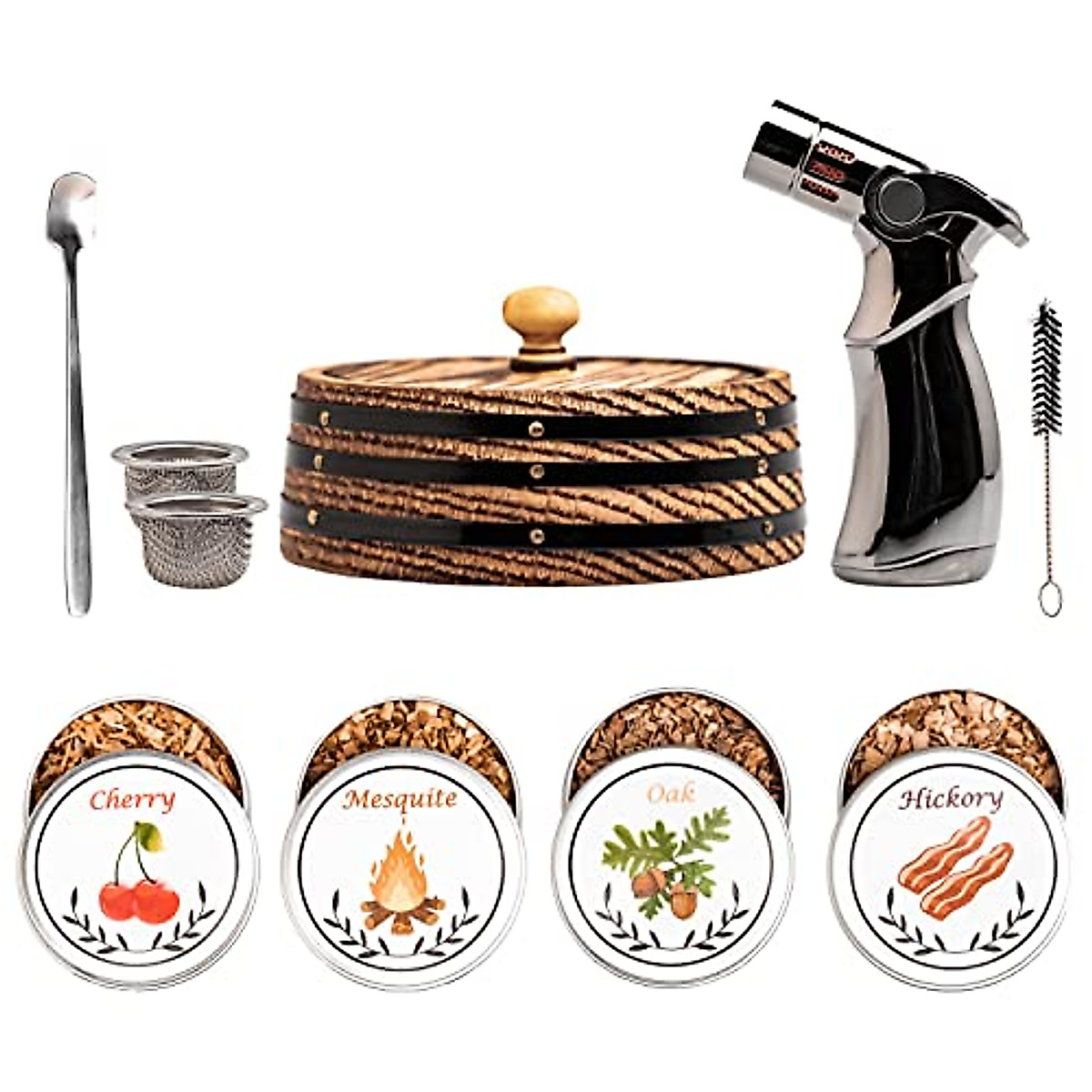 Whiskey Barrel Design Cocktail Smoker Kit with Torch and 4 Flavored Wood Chips (Oak, Hickory, Mesquite, and Cherry) - Old Fashioned Cocktail Kit/Bourbon Smoker Kit; Whiskey Smoker, Bourbon Gifts for Men (No Butane)