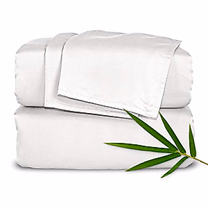 Pure Bamboo Queen Bed Sheet Set, Genuine 100% Organic Viscose Derived from Bamboo, Luxuriously Soft & Cooling, Double Stitching, Lifetime Quality Promise (Queen, White)
