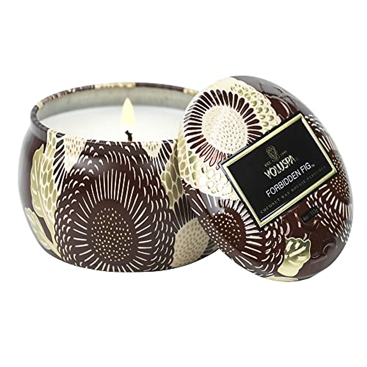 Voluspa Forbidden Fig Candle | Mini Tin | 4 Oz. | 25 Hour Burn Time | Vegan | Coconut Wax and Natural Wicks for a Cleaner Burn
