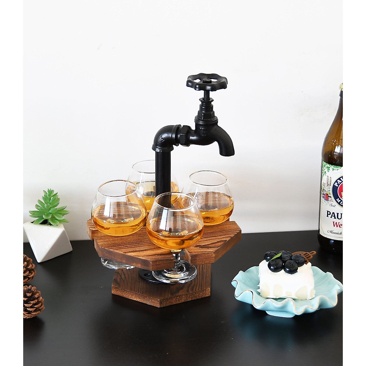 Owlgift Industrial Pipe & Burnt Wood Beer/Whiskey Flight Set with 4 Glasses, Cast Iron Faucet Spigot Design