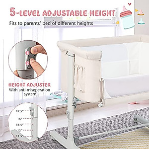 BABY JOY Bassinet Bedside Sleeper, 3 in 1 Folding Crib w/Adjustable Height, Mattress, Lockable Wheels, Storage Pocket & Carry Bag for Infant Newborn, Stationary & Rock, Portable Baby Bassinet (Beige)