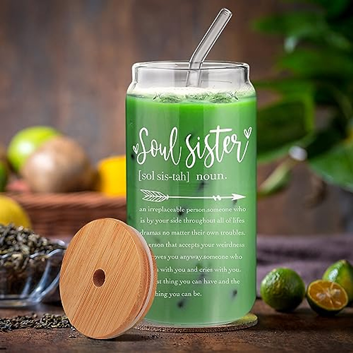 Roeni Friend Gifts for Women - Soul Sister Gifts for Female Friends - Friendship Gifts for Her Birthday - Bestie Cup for Christmas Gift - 16oz Glass Coffee Cup with Lid