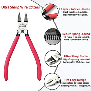 Wire Cutters 2 PACK, 6 inch Wire Cutters Set, HOUSERAN Side Cutters Flush Cut Pliers, Spring Loaded Cutting Pliers with Non-slip Red Handle, Wire Cutters Heavy Duty for Jewelry Making, Crafts, Zip Tie