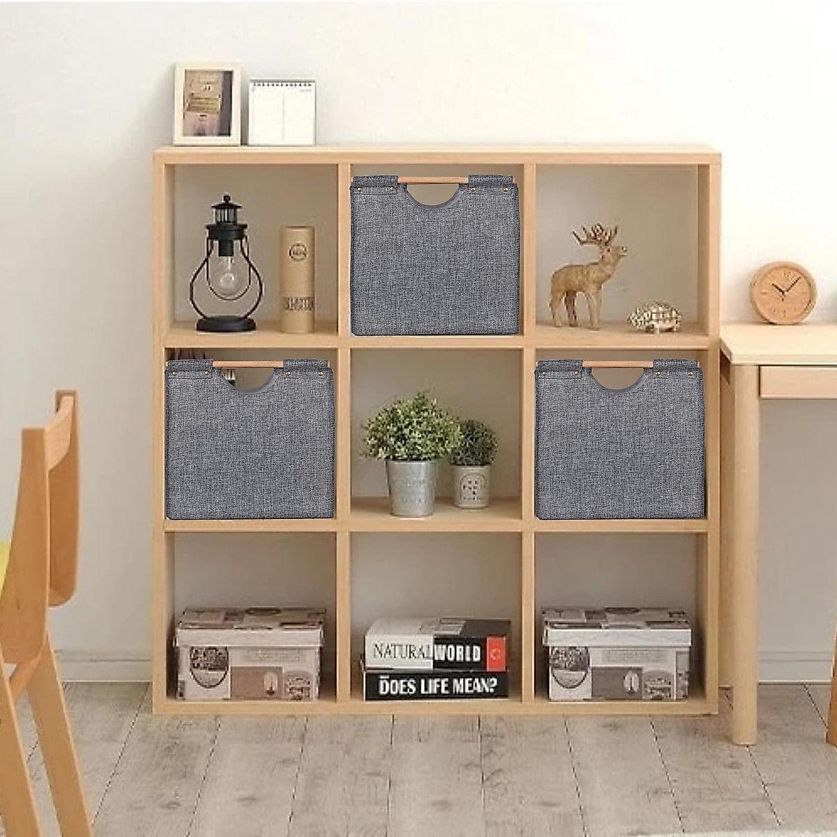 ShellKingdom Large Storage Bins, Foldable Linen Fabric Storage Baskets for Shelves, Cloth Storage Organizer Drawer for Closet Toys Storage with Wooden Handles for Home, Office, 12.59x14.96 inch, Grey