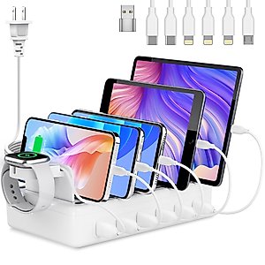 Honcila Charging Station for Multiple Devices, 6 Port 50W Fast Multi Charger Station Charging Dock with 6 Mixed Charging Cables for iPhone, iPad, Kindle, Tablet, Cellphone and Others