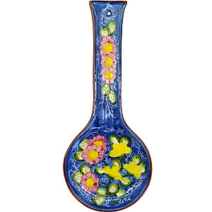Handmade Hand Painted Portuguese Pottery Ceramic Spoon Rest (Floral), 11'' x 4.75'' x 0.5'' inches