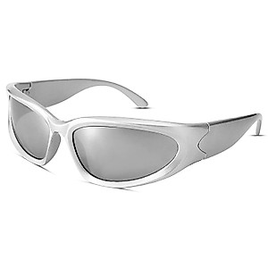 COASION Wrap Around Fashion Sunglasses Oval Dark Vintage Sun Glasses for Men Women Outdoor Sport Shades UV400 Eyeglasses (Silver/Silver Mirrored)