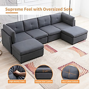 linor Modern U Shaped Convertible Sofa Couch, 118'' Modular Sectional Sofa with Tufted Back Cushion, 6 Seat Oversized Sectionals Sofa Couch with Ottomans for Living Room (Linen,Gray)