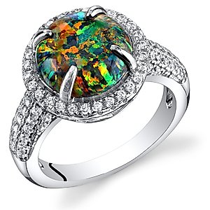 PEORA Created Black Fire Opal Ring for Women in Sterling Silver, Victorian Vintage Design, 1.25 Carats Round Cabochon, Comfort Fit, Size 5