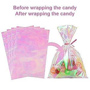 Sainyarh 120pcs Cellophane Treat Bags, Iridescent Holographic Cellophane Bags, 6x9 inch Iridescent Holographic Cellophane Goodie Bags, Iridescent Cellophane Party Favor Treat Bags Candy Cookie Bags